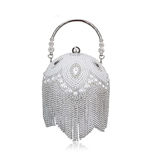 ZLXDP Tassel Pearl Beaded Crystal Party Evening Bag Wedding Round Ball Wrist Bag Round Clutch Purse Handbag (Color : White-Fruit peach5, Size : 1)