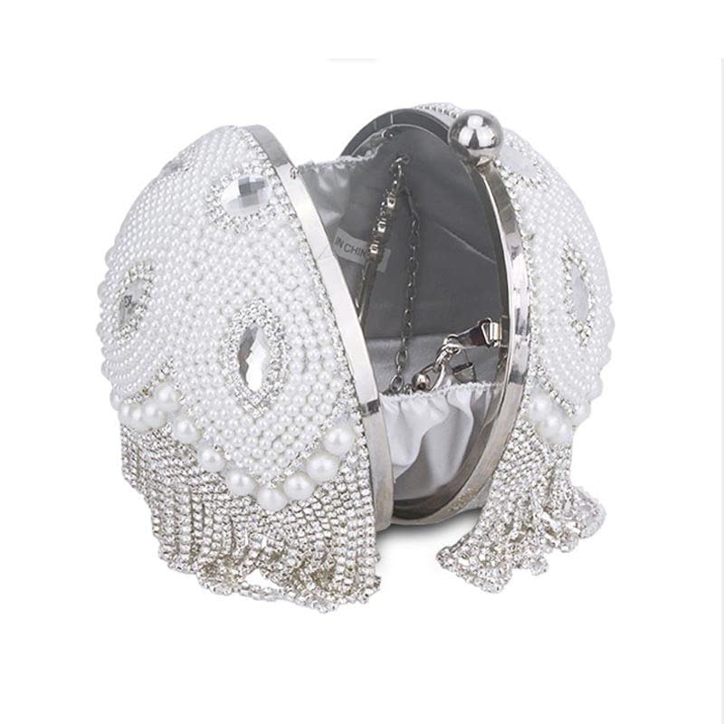 ZLXDP Tassel Pearl Beaded Crystal Party Evening Bag Wedding Round Ball Wrist Bag Round Clutch Purse Handbag (Color : White-Fruit peach5, Size : 1)