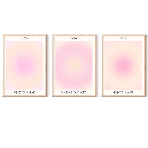 Positive Aura Posters Set Of 3 Pink Trendy Grainy Gradient Spiritual Poster Canvas Decor Wall Art Paintings for Room Aesthetic Inspirational Quotes Abstract Minimalist Y2k Style Room Wall Decor for Bedroom Office（16x24inx3 Unframed）