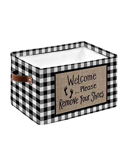 1 Pack Large Storage Baskets Bins Welcome Please Remove Your Shoes Collapsible Storage Box Laundry Organizer for Closet Shelf Nursery Kids Bedroom Rustic Black White Plaid