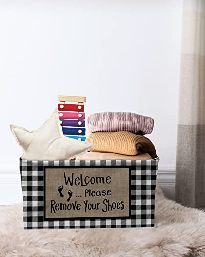 1 Pack Large Storage Baskets Bins Welcome Please Remove Your Shoes Collapsible Storage Box Laundry Organizer for Closet Shelf Nursery Kids Bedroom Rustic Black White Plaid