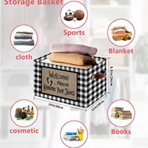 1 Pack Large Storage Baskets Bins Welcome Please Remove Your Shoes Collapsible Storage Box Laundry Organizer for Closet Shelf Nursery Kids Bedroom Rustic Black White Plaid