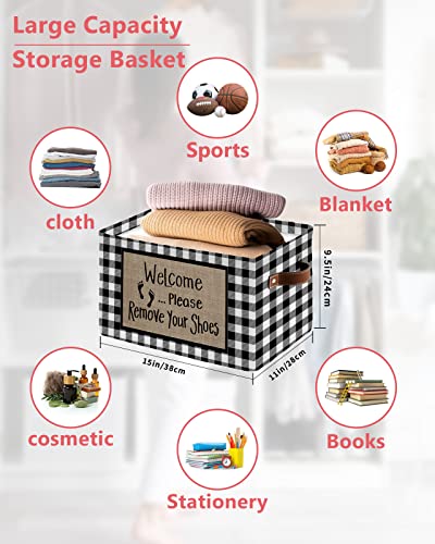 1 Pack Large Storage Baskets Bins Welcome Please Remove Your Shoes Collapsible Storage Box Laundry Organizer for Closet Shelf Nursery Kids Bedroom Rustic Black White Plaid