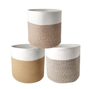 Joyiou Storage Cubes Baskets Bins Organizer, Woven Cotton Rope Farmhouse Storage Basket for Dog Toy, Clothes, Towels, Books,, 3-Pack 11 Inches Round Cube (Khaki, Nature, Beige)