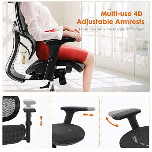 SMUG Ergonomic Large High Back Office Ergo3D Rolling Desk 4D Armrest,3D Lumbar Support,Adjustable Headrest,Breathable Mesh Computer Gaming Executive Swivel Chairs, Black