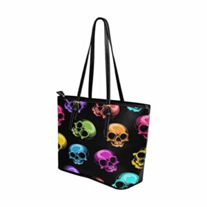 InterestPrint Cute Multicolored Human Skulls Women Tote Bags Top Handle Satchel Handbags PU Faux Leather Tassel Shoulder Purse