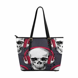 interestprint a skull in headphones women’s tote bag leather shoulder bag handbags