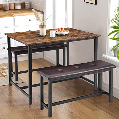 Amyove Kitchen Table Set, Dining Room Table Set for 4 with Upholstered Benches, Dining Table Set Metal and Wood Rectangular Dining Table for Small Space, Apartment, Breakfast, Rustic Brown