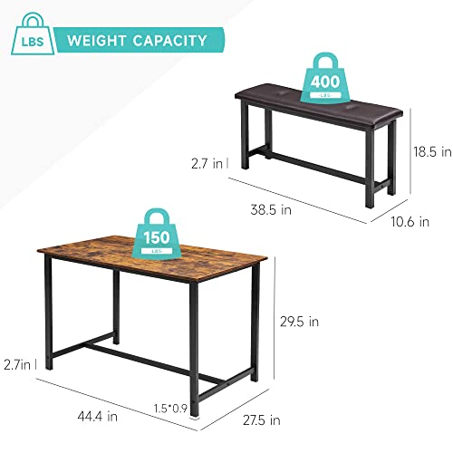 Amyove Kitchen Table Set, Dining Room Table Set for 4 with Upholstered Benches, Dining Table Set Metal and Wood Rectangular Dining Table for Small Space, Apartment, Breakfast, Rustic Brown