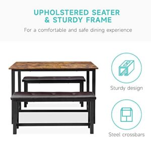 Amyove Kitchen Table Set, Dining Room Table Set for 4 with Upholstered Benches, Dining Table Set Metal and Wood Rectangular Dining Table for Small Space, Apartment, Breakfast, Rustic Brown