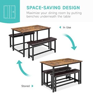 Amyove Kitchen Table Set, Dining Room Table Set for 4 with Upholstered Benches, Dining Table Set Metal and Wood Rectangular Dining Table for Small Space, Apartment, Breakfast, Rustic Brown