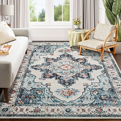 Area Rug Living Room Rugs: 8x10 Washable Large Carpet Boho Oriental Persian Distressed Bohemian Non-Slip Area Rugs for Dining Room Farmhouse Bedroom Office Home Decor Cream/Blue