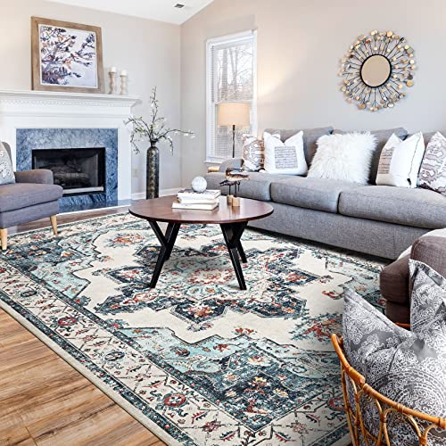 Area Rug Living Room Rugs: 8x10 Washable Large Carpet Boho Oriental Persian Distressed Bohemian Non-Slip Area Rugs for Dining Room Farmhouse Bedroom Office Home Decor Cream/Blue