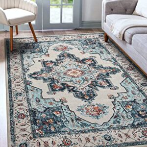 Area Rug Living Room Rugs: 8x10 Washable Large Carpet Boho Oriental Persian Distressed Bohemian Non-Slip Area Rugs for Dining Room Farmhouse Bedroom Office Home Decor Cream/Blue