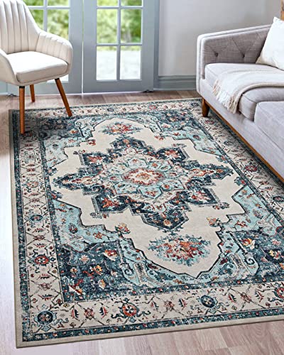 Area Rug Living Room Rugs: 8x10 Washable Large Carpet Boho Oriental Persian Distressed Bohemian Non-Slip Area Rugs for Dining Room Farmhouse Bedroom Office Home Decor Cream/Blue