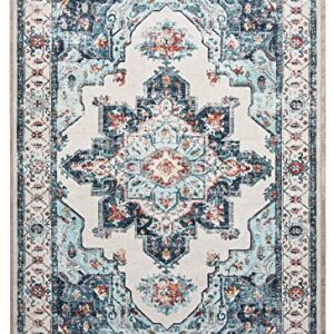 Area Rug Living Room Rugs: 8x10 Washable Large Carpet Boho Oriental Persian Distressed Bohemian Non-Slip Area Rugs for Dining Room Farmhouse Bedroom Office Home Decor Cream/Blue