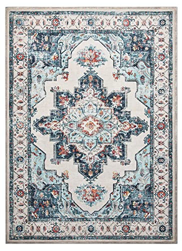 Area Rug Living Room Rugs: 8x10 Washable Large Carpet Boho Oriental Persian Distressed Bohemian Non-Slip Area Rugs for Dining Room Farmhouse Bedroom Office Home Decor Cream/Blue