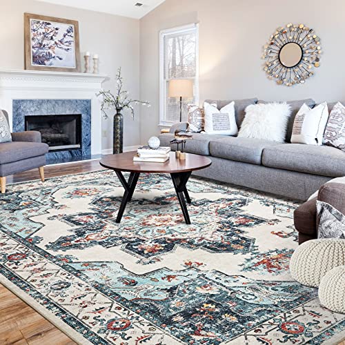 Area Rug Living Room Rugs: 8x10 Washable Large Carpet Boho Oriental Persian Distressed Bohemian Non-Slip Area Rugs for Dining Room Farmhouse Bedroom Office Home Decor Cream/Blue