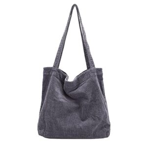 corduroy tote bag for women, large capacity casual shoulder hobo shopping handbag with inner zippered pocket (grey)