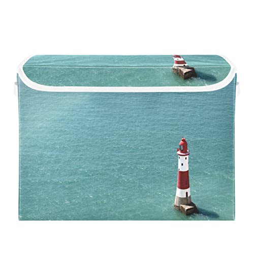 Kigai Storage Basket Lighthouse Landscape Storage Boxes with Lids and Handle, Large Storage Cube Bin Collapsible for Shelves Closet Bedroom Living Room, 16.5x12.6x11.8 In