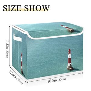 Kigai Storage Basket Lighthouse Landscape Storage Boxes with Lids and Handle, Large Storage Cube Bin Collapsible for Shelves Closet Bedroom Living Room, 16.5x12.6x11.8 In