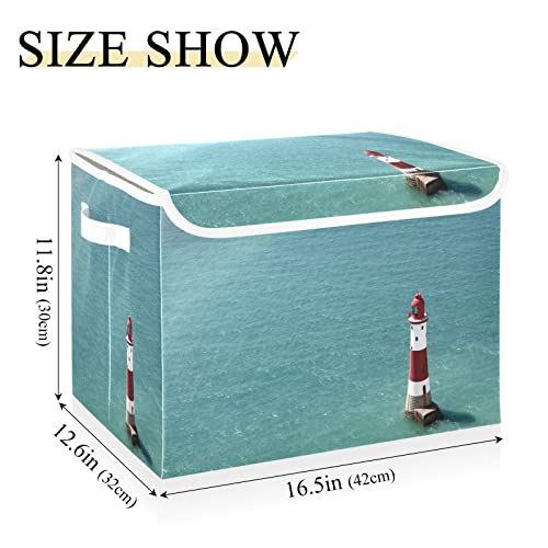 Kigai Storage Basket Lighthouse Landscape Storage Boxes with Lids and Handle, Large Storage Cube Bin Collapsible for Shelves Closet Bedroom Living Room, 16.5x12.6x11.8 In