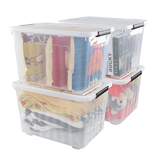 Rinboat 70 Quart Large Storage Bins with Lids, Stackable Clear Plastic Latching Boxes with Wheels, 4-Pack