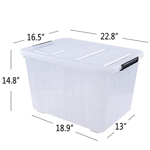 Rinboat 70 Quart Large Storage Bins with Lids, Stackable Clear Plastic Latching Boxes with Wheels, 4-Pack