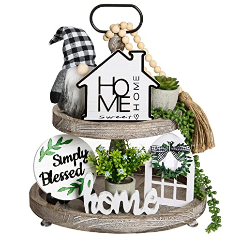 11 Pcs Farmhouse Tiered Tray Decor Set with Artificial Succulents Plants, Home Sweet Home Wooden Sign, Wooden Bead Garland Black White Buffalo Plaid Gnome (Tiered Tray Not Included)