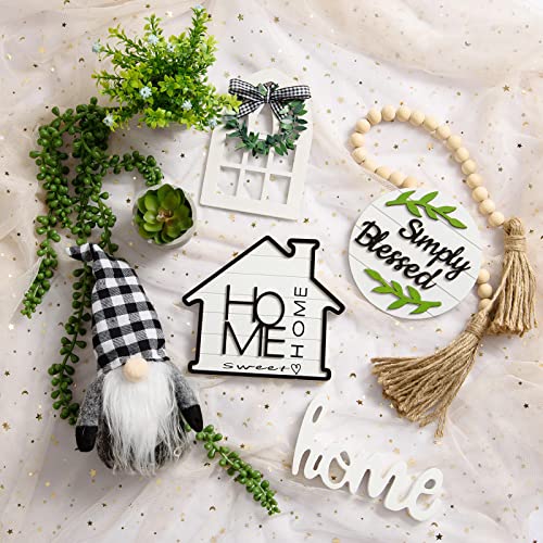 11 Pcs Farmhouse Tiered Tray Decor Set with Artificial Succulents Plants, Home Sweet Home Wooden Sign, Wooden Bead Garland Black White Buffalo Plaid Gnome (Tiered Tray Not Included)