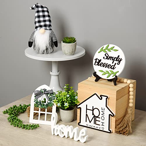 11 Pcs Farmhouse Tiered Tray Decor Set with Artificial Succulents Plants, Home Sweet Home Wooden Sign, Wooden Bead Garland Black White Buffalo Plaid Gnome (Tiered Tray Not Included)