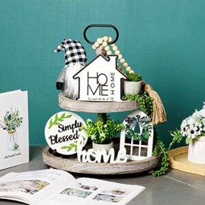 11 Pcs Farmhouse Tiered Tray Decor Set with Artificial Succulents Plants, Home Sweet Home Wooden Sign, Wooden Bead Garland Black White Buffalo Plaid Gnome (Tiered Tray Not Included)