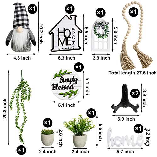 11 Pcs Farmhouse Tiered Tray Decor Set with Artificial Succulents Plants, Home Sweet Home Wooden Sign, Wooden Bead Garland Black White Buffalo Plaid Gnome (Tiered Tray Not Included)