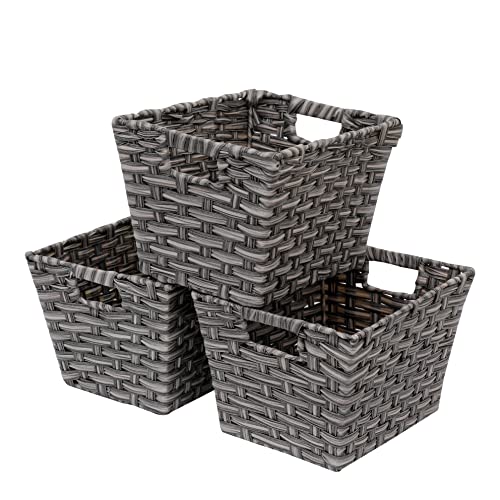 Wicker Baskets With Handles, Grey Rattan Waterproof Woven Basket For Storage , Wicker Storage Basket, Decorative Storage Basket, Easy To Clean (GREY)