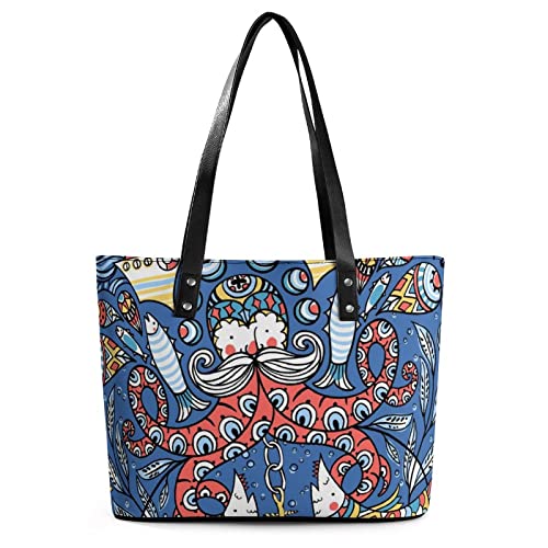 Womens Handbag Fishes Boats Pattern Leather Tote Bag Top Handle Satchel Bags For Lady