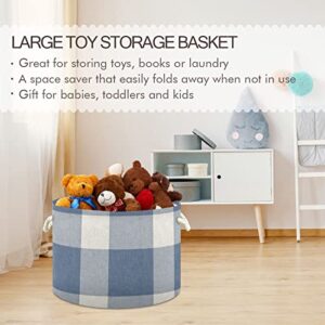 xigua Rustic Blue Plaid Storage Basket, Collapsible Round Toy Storage Bin, 20 x 14 Inches Laundry Basket with Handles, for Bedroom Living Room