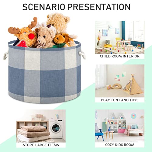 xigua Rustic Blue Plaid Storage Basket, Collapsible Round Toy Storage Bin, 20 x 14 Inches Laundry Basket with Handles, for Bedroom Living Room