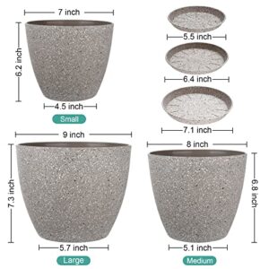 Vanavazon Plant Pots 9/8/7 Inch Set of 3 Flower Pots Indoor Outdoor Plastic Planters with Drainage Hole and Tray (Beige)