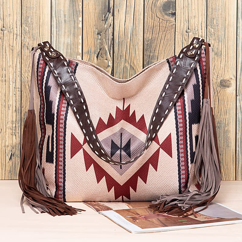 Canvas Tote Bags for Women Handbag Tote Purse with Zipper Ladies Ethnic Travel Tassel Hobo and Shoulder Handbags (PG09-Beige)