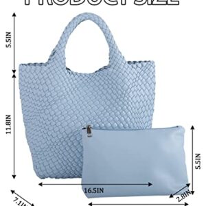 Large Woven Tote Handbags Women Vegan Leather Shoulder Top-Handle Travel Tote Bag Fashion Lady Underarm Shopper Bags + Purse Blue