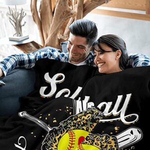 Softball Personalized Name Soft Fleece Bed Blankets Throws as Birthday Wedding Gifts for Sofa Couch 50'' x 60''