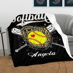 Softball Personalized Name Soft Fleece Bed Blankets Throws as Birthday Wedding Gifts for Sofa Couch 50'' x 60''