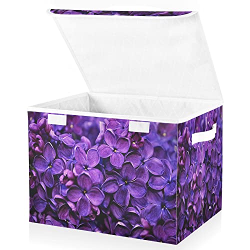 Kigai Storage Basket Spring Flowers Storage Boxes with Lids and Handle, Large Storage Cube Bin Collapsible for Shelves Closet Bedroom Living Room, 16.5x12.6x11.8 In