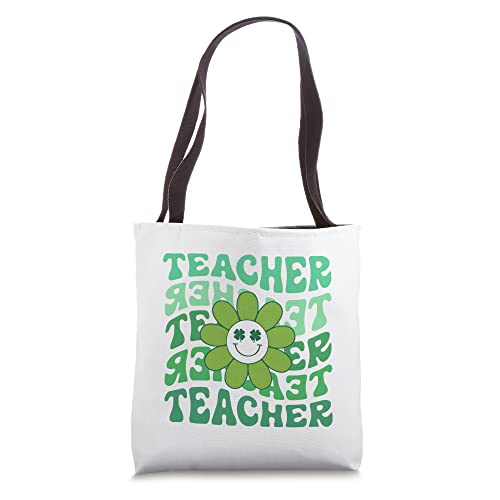 Retro Groovy Wavy Teacher Smiling Face Daisy St Patricks Day Tote Bag