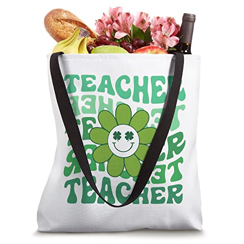 Retro Groovy Wavy Teacher Smiling Face Daisy St Patricks Day Tote Bag