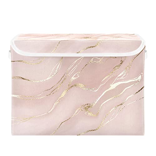 Kigai Storage Basket Rose Gold Abstract Marble Storage Boxes with Lids and Handle, Large Storage Cube Bin Collapsible for Shelves Closet Bedroom Living Room, 16.5x12.6x11.8 In