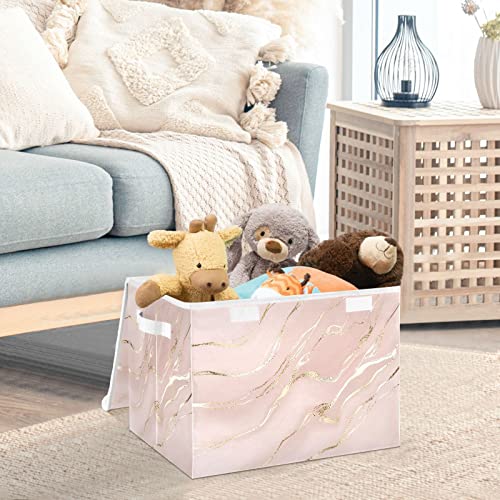 Kigai Storage Basket Rose Gold Abstract Marble Storage Boxes with Lids and Handle, Large Storage Cube Bin Collapsible for Shelves Closet Bedroom Living Room, 16.5x12.6x11.8 In