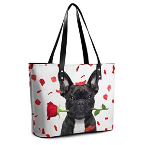 Womens Handbag French Bulldog Dog Leather Tote Bag Top Handle Satchel Bags For Lady