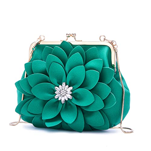 Women's 3DFloral Evening Satchel handbag Bag,Shell fashion diamond-encrusted flower shoulder (Green)