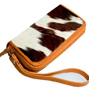 Womens Zipper Wristlet Cowhide Clutch Real Leather Wallet Purse, Handbag Organizer for women Size 8 x 4 Inches by NGF (CL-02 Brown & White (Zipper))